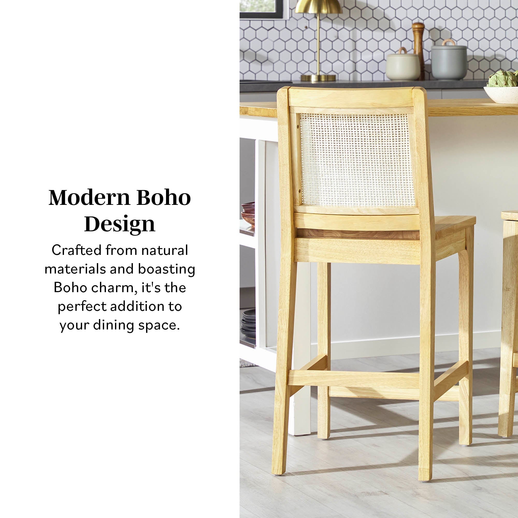 Catalina Solid Wood Bar Stool with Rattan Back Insert, Set of 2 ...