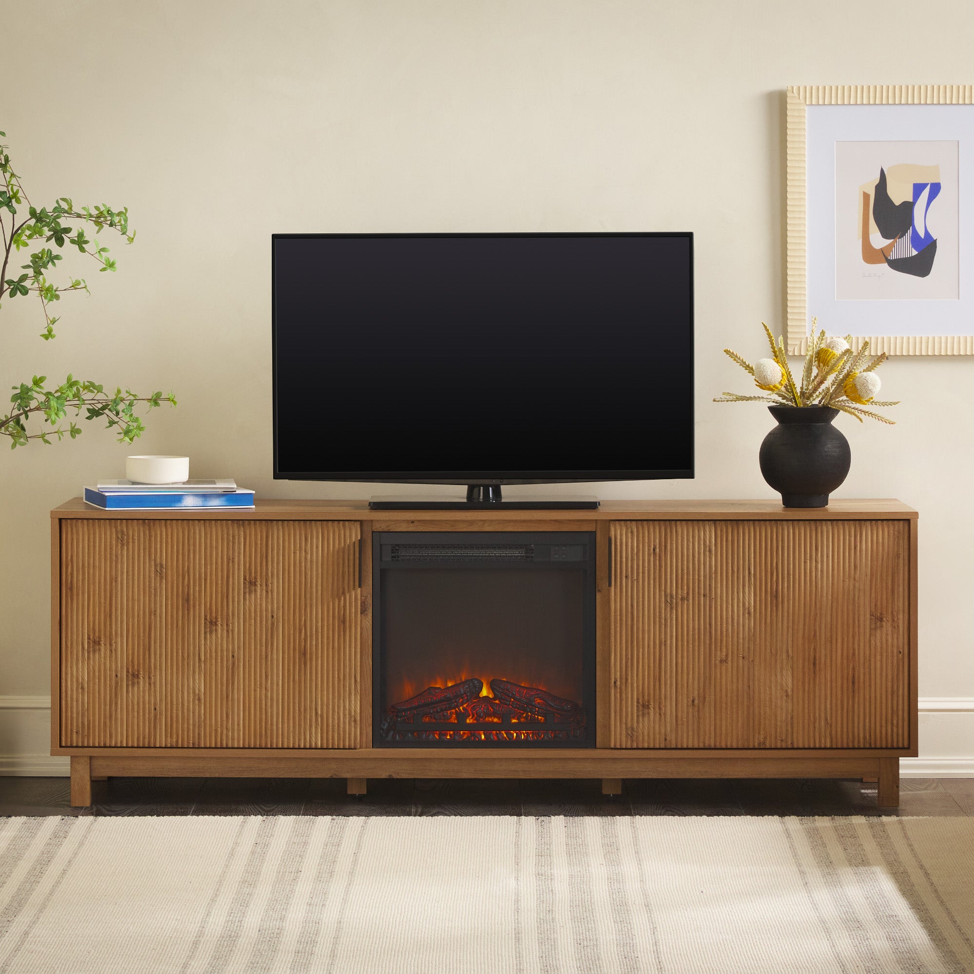 Reema Scandinavian 70" Modern Reeded TV Stand with Freestanding Electr ...