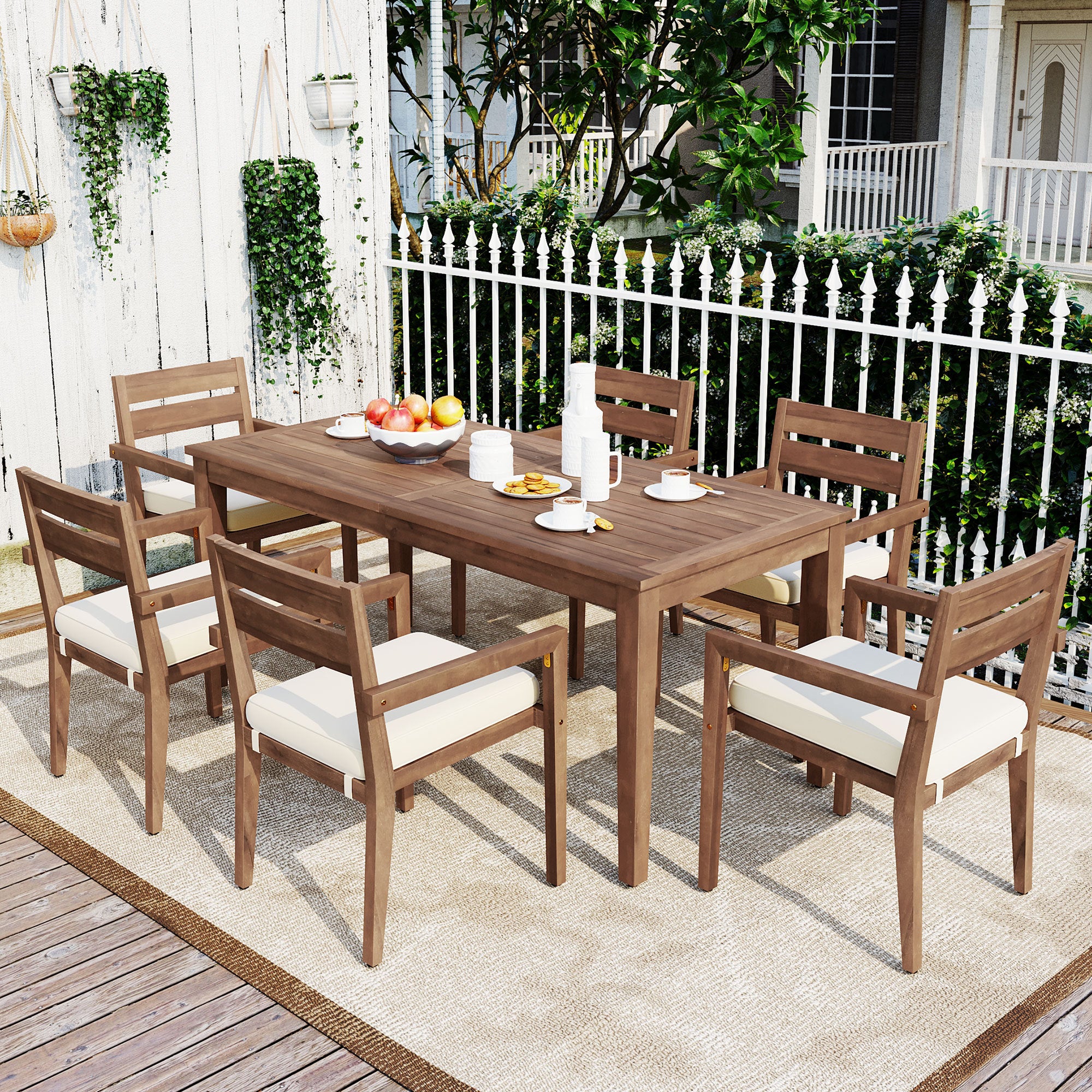 Modern 7 Pieces Acacia Wood Outdoor Full Dining Set with Chair Cushion ...