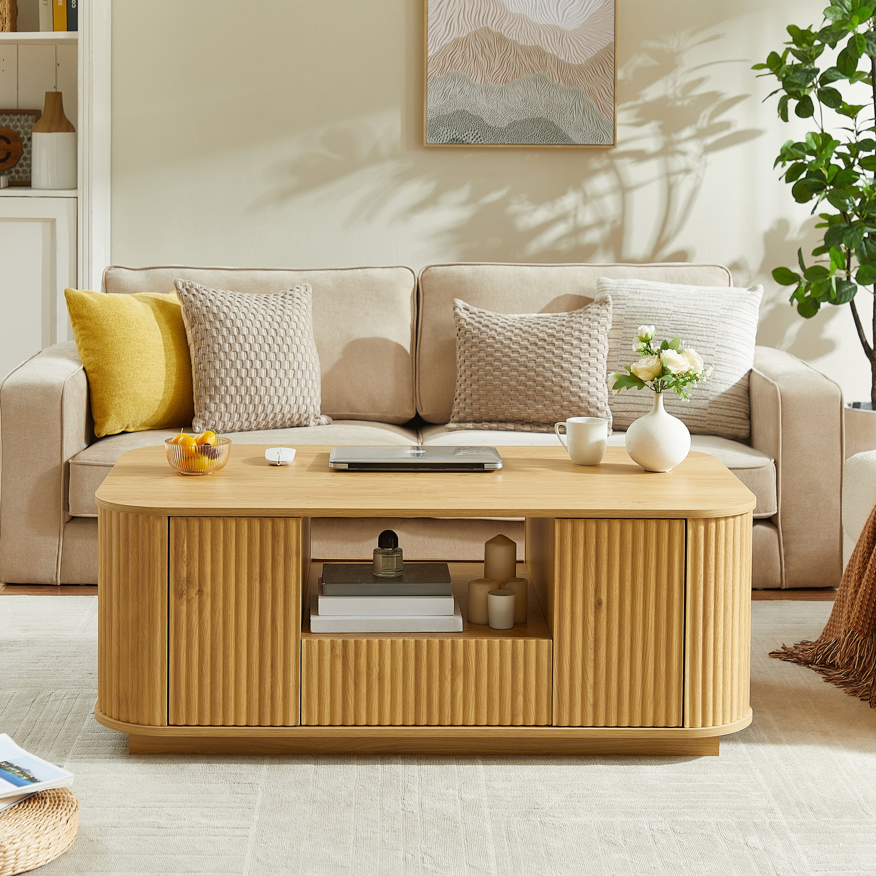Walker Edison | Reeded Modern Curve Design Storage Coffee Table