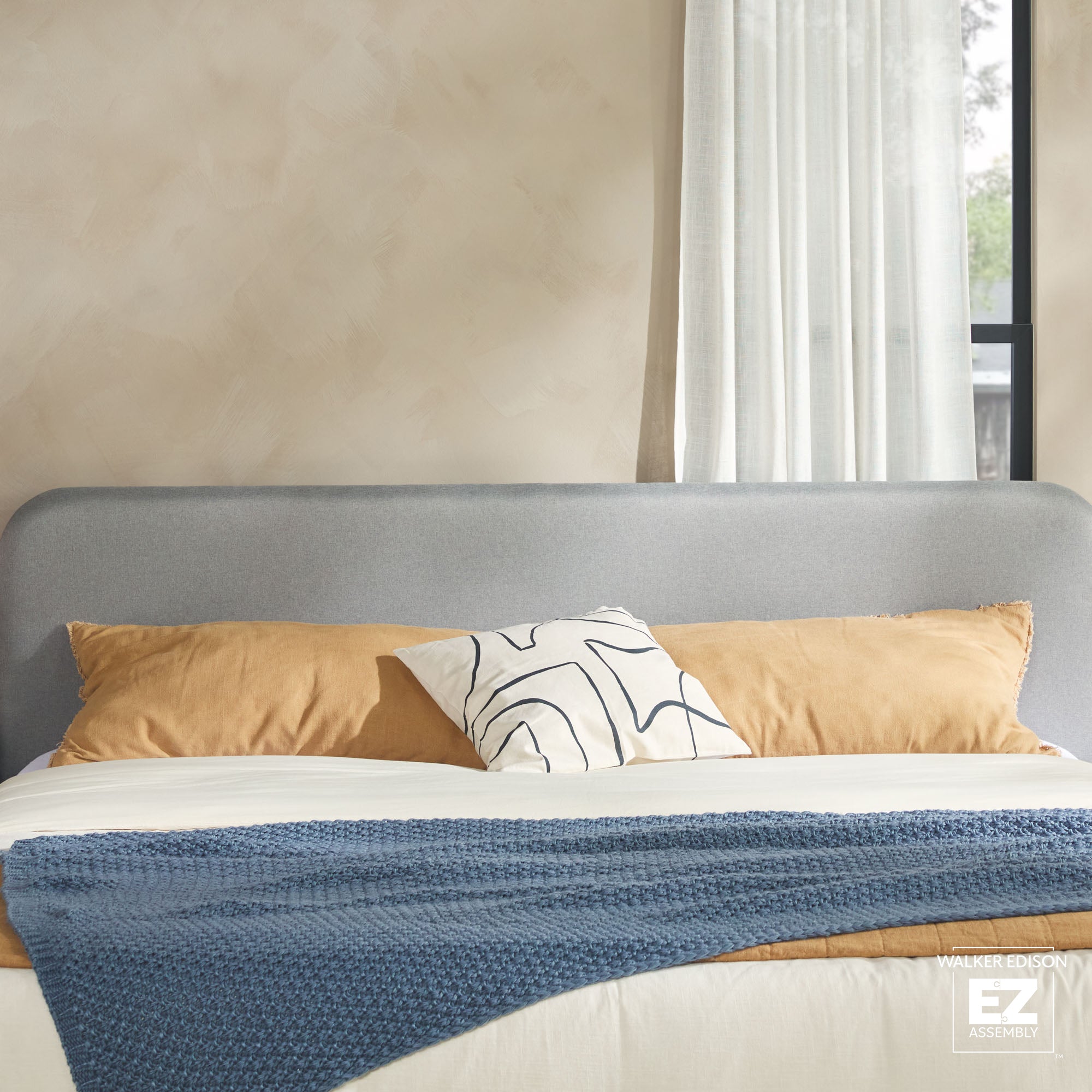 Annette Contemporary Upholstered Headboard Curved Wood Bed Frame ...