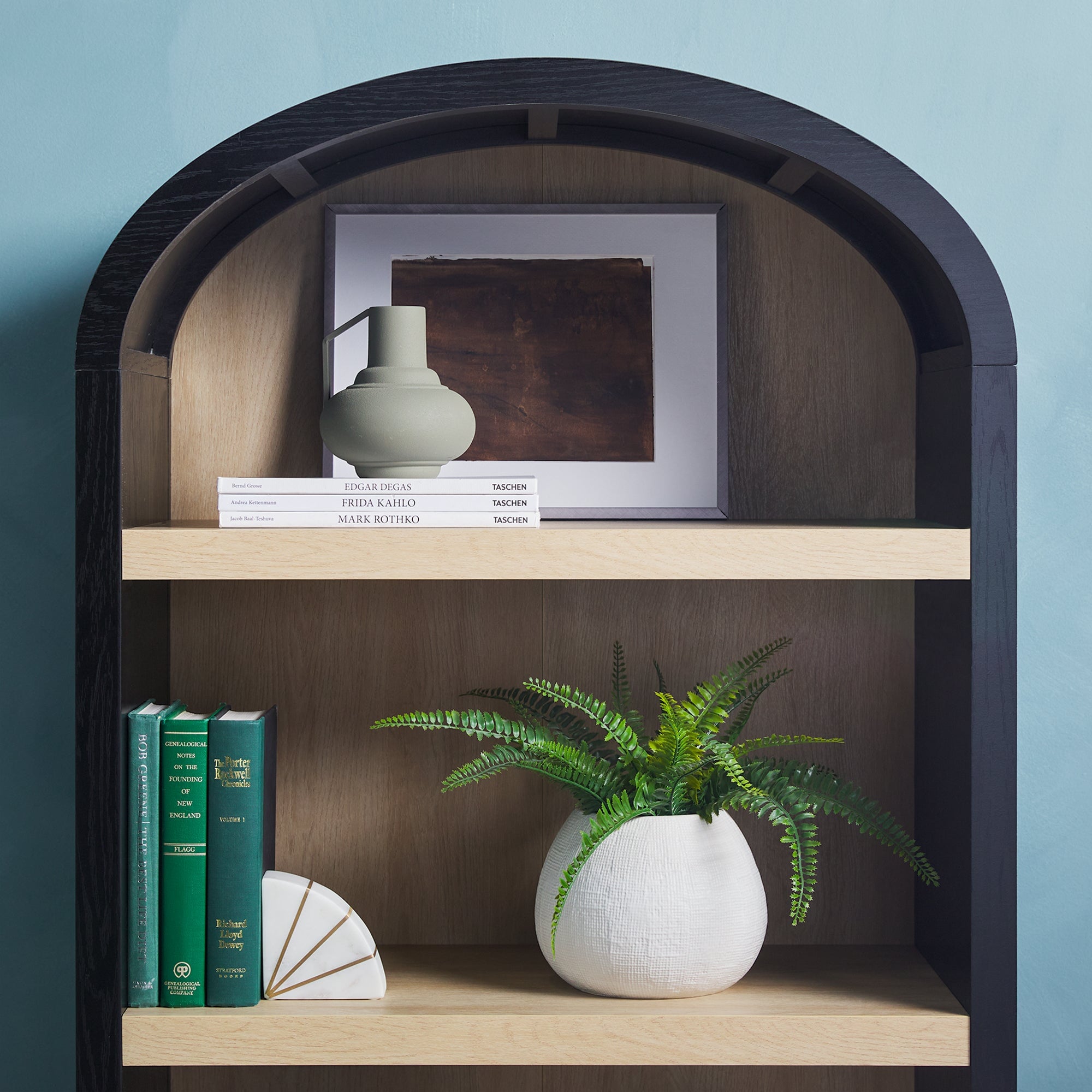 Chantelle Modern Arched Bookshelf with Cabinet – Walker Edison