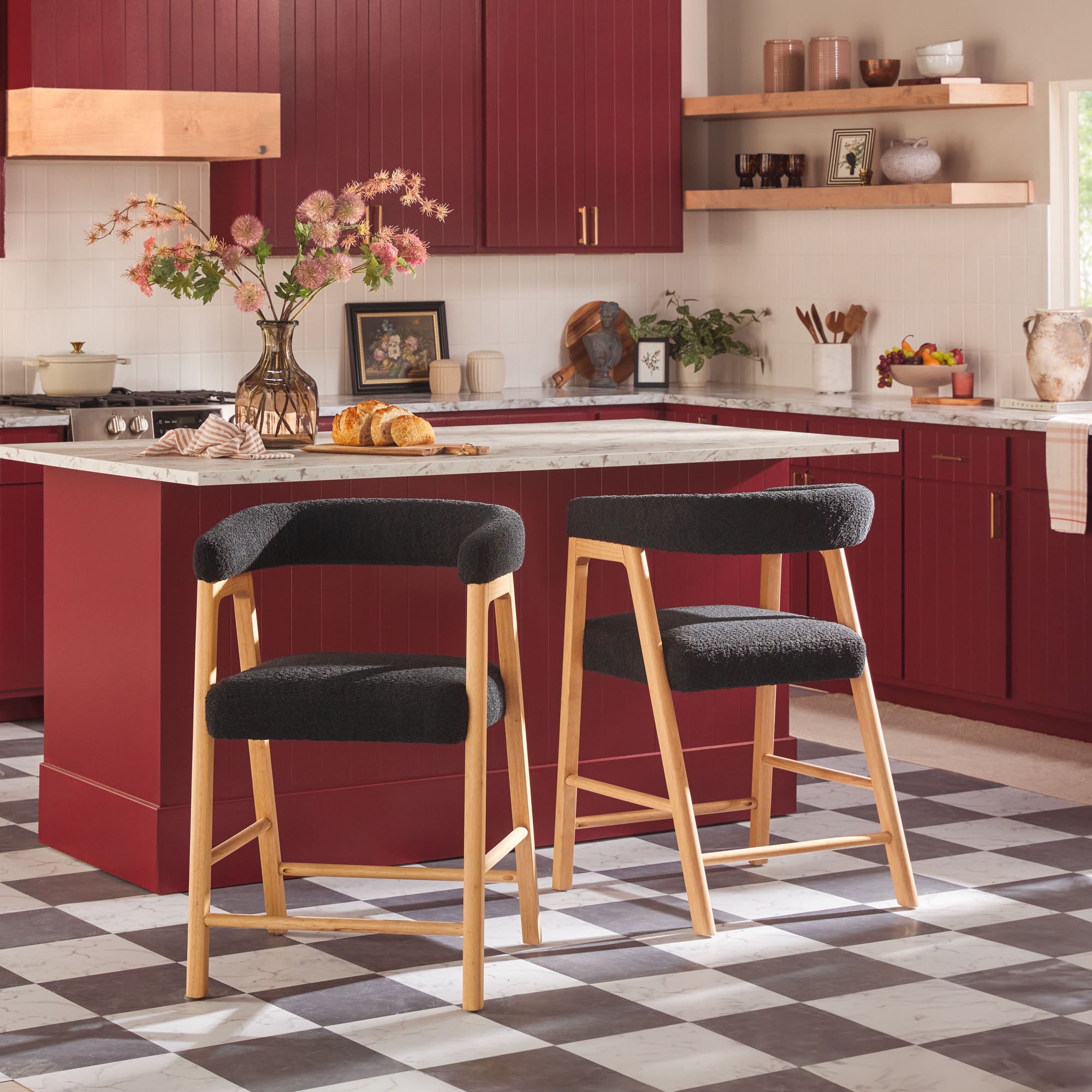 Ezra Modern Single Counter Stool with Curved Back and Boucle Upholster ...
