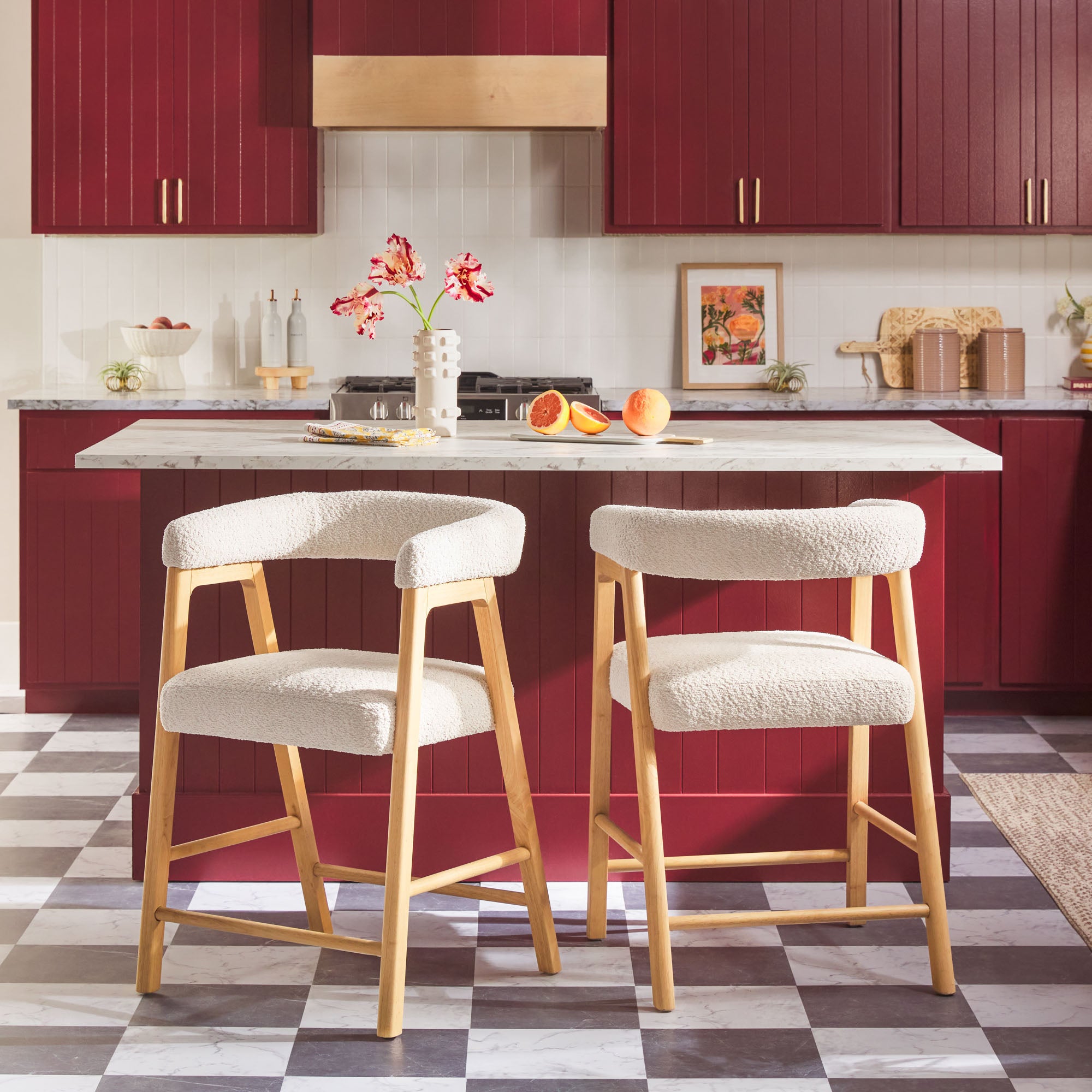 Ezra Modern Single Counter Stool with Curved Back and Boucle Upholster ...