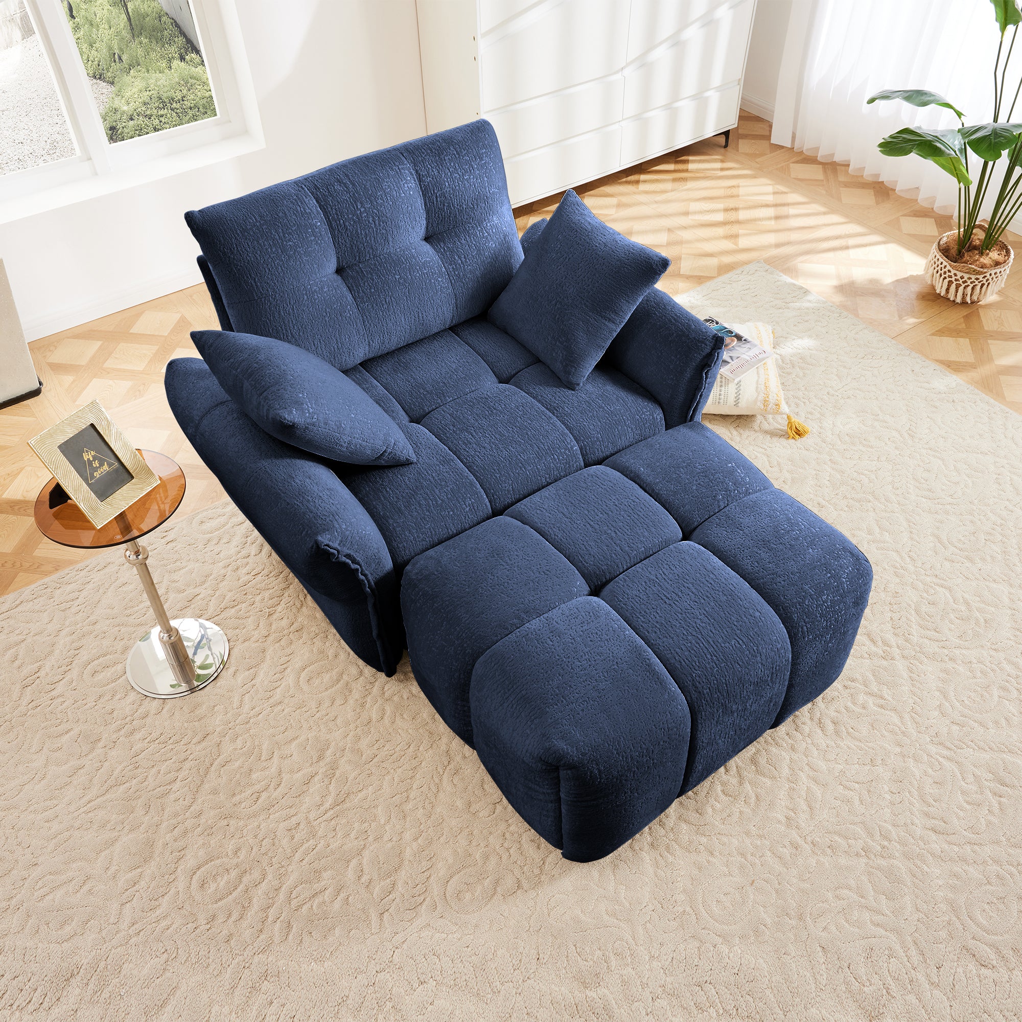 Walker Edison | Modern Ergonomic Blue Chenille Accent Chair with Ottom