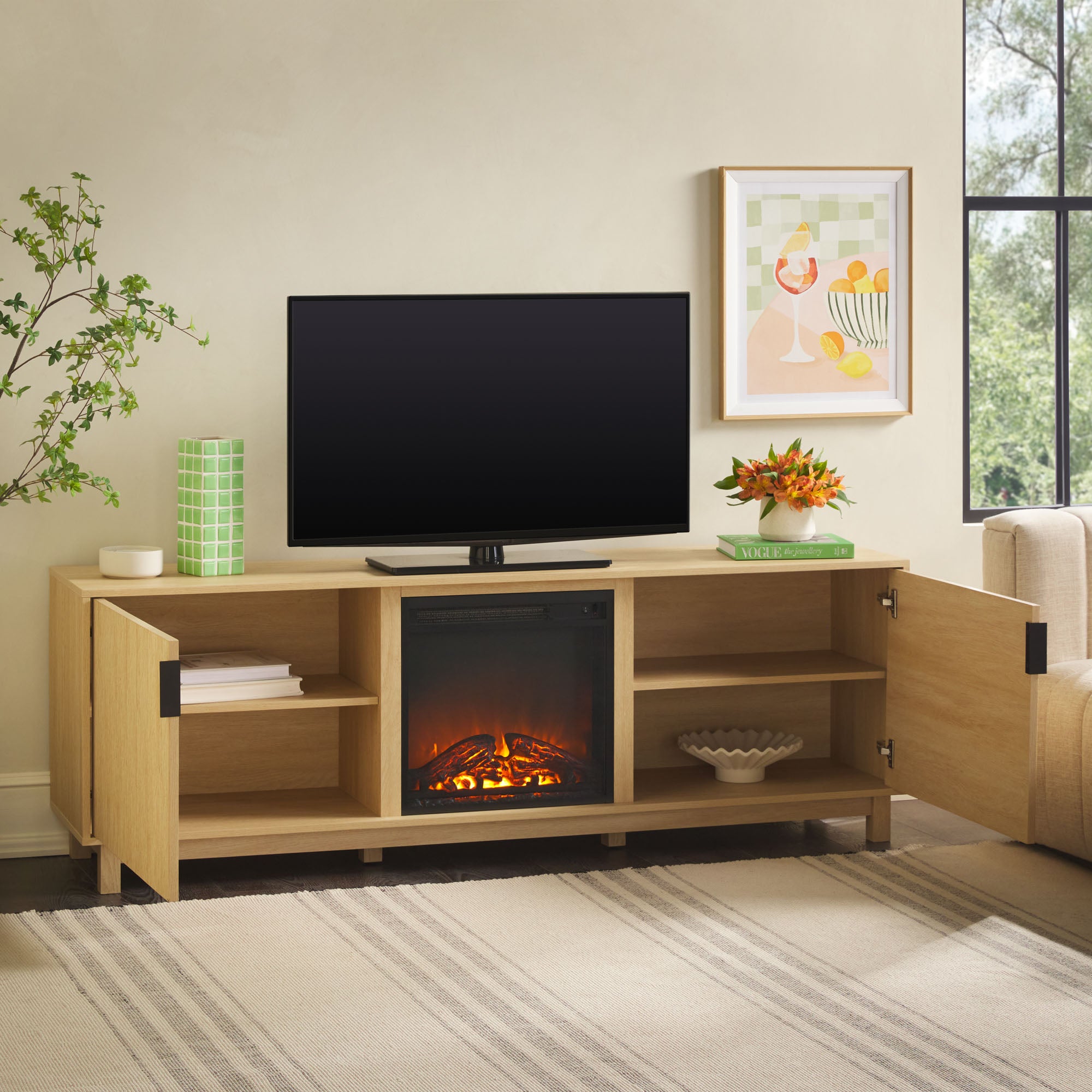 Reema Scandinavian 70" Modern Reeded TV Stand with Freestanding Electr ...