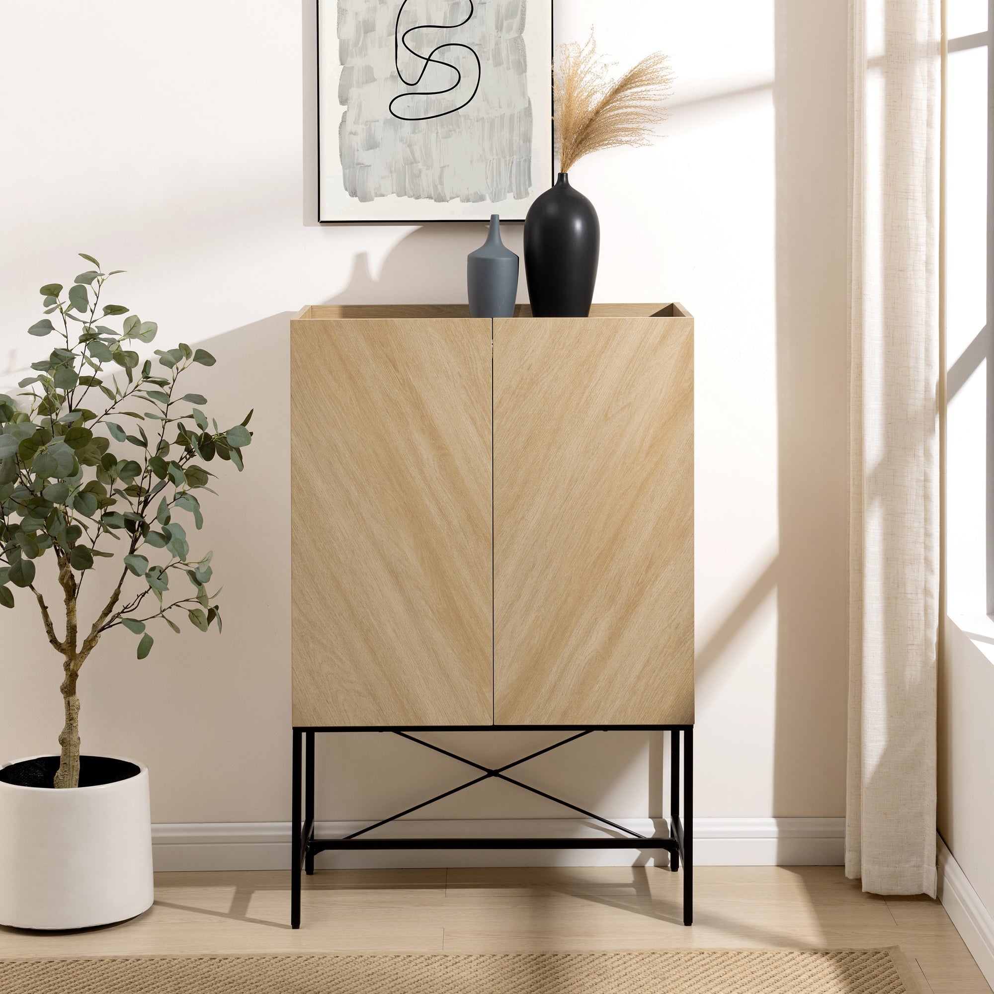 Tiki Contemporary Bookmatch-Doors Tall Accent Cabinet with Inset Top ...